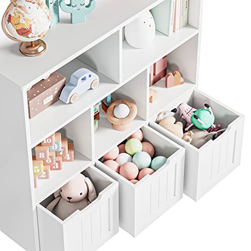 FOTOSOK Toy Storage Organizer with 3 Movable Drawers, Floor Storage Cabinet Toy Chest with Hidden Wheels and 5 Storage Cubbies, Multifunctional Storage Chest for Nursery, Playroom and Bedroom, White