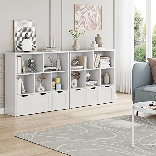 FOTOSOK Toy Storage Organizer with 3 Movable Drawers, Floor Storage Cabinet Toy Chest with Hidden Wheels and 5 Storage Cubbies, Multifunctional Storage Chest for Nursery, Playroom and Bedroom, White