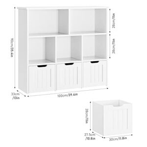 FOTOSOK Toy Storage Organizer with 3 Movable Drawers, Floor Storage Cabinet Toy Chest with Hidden Wheels and 5 Storage Cubbies, Multifunctional Storage Chest for Nursery, Playroom and Bedroom, White