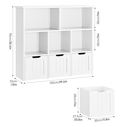 FOTOSOK Toy Storage Organizer with 3 Movable Drawers, Floor Storage Cabinet Toy Chest with Hidden Wheels and 5 Storage Cubbies, Multifunctional Storage Chest for Nursery, Playroom and Bedroom, White