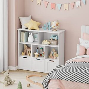 FOTOSOK Toy Storage Organizer with 3 Movable Drawers, Floor Storage Cabinet Toy Chest with Hidden Wheels and 5 Storage Cubbies, Multifunctional Storage Chest for Nursery, Playroom and Bedroom, White