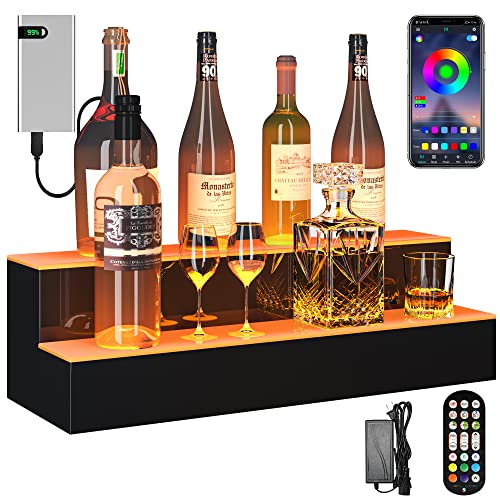 YITAHOME LED Lighted Liquor Bottle Display Shelf 2-Step 24-inch Supports USB & Power Bank, Bar Alcohol Shelf for Home Counter Party, Acrylic Mounted Whiskey Rack Stand with Remote & App Control