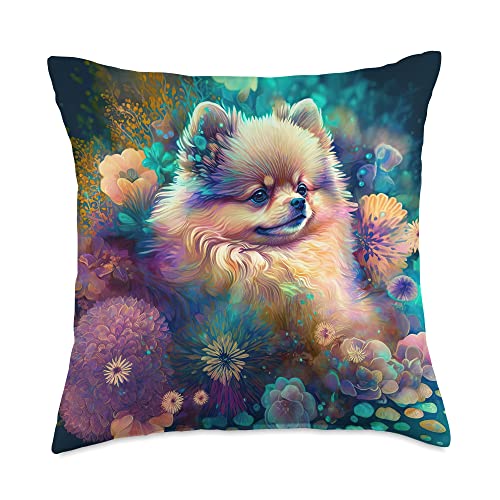 Pomeranian Gifts Pomeranian Puppy Colorful Watercolor Flowers Splash Throw Pillow, 18x18, Multicolor