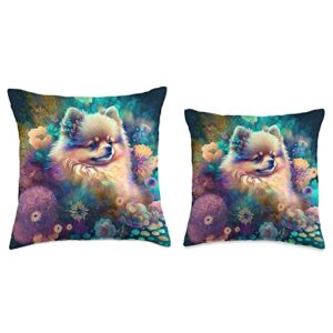 Pomeranian Gifts Pomeranian Puppy Colorful Watercolor Flowers Splash Throw Pillow, 18x18, Multicolor