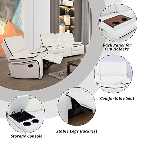 GEBADOL Living Room Furniture, Leather Recliner Sofa, Manual Reclining Sofa with Cup Holder for House/Bedroom/Office/Apartment, White/1 Piece