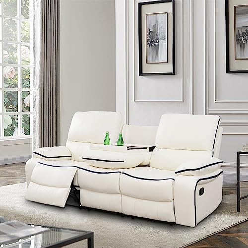 GEBADOL Living Room Furniture, Leather Recliner Sofa, Manual Reclining Sofa with Cup Holder for House/Bedroom/Office/Apartment, White/1 Piece