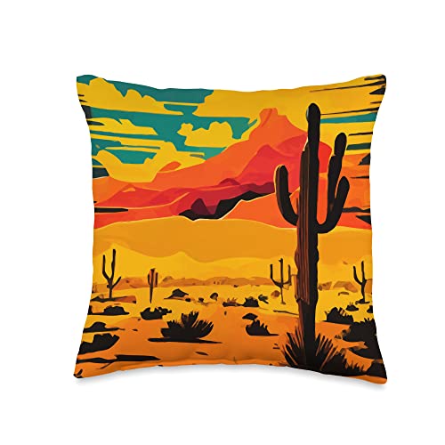 Desert Mountain Backdrops Desert Landscape Arizona Sunset Cactus Plants Artwork Throw Pillow, 16x16, Multicolor