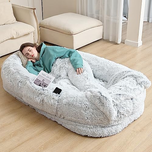 YAEM Human Dog Bed, 71"x45"x12" Dog Beds for Humans Size Fits You and Pets, Washable Faux Fur Human Dog Bed for People Doze Off, Napping Orthopedic Dog Bed, Present Plump Pillow, Blanket, Strap-Grey