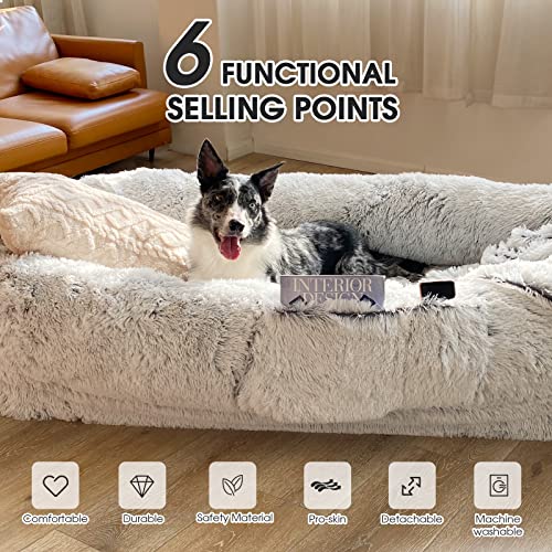 YAEM Human Dog Bed, 71"x45"x12" Dog Beds for Humans Size Fits You and Pets, Washable Faux Fur Human Dog Bed for People Doze Off, Napping Orthopedic Dog Bed, Present Plump Pillow, Blanket, Strap-Grey