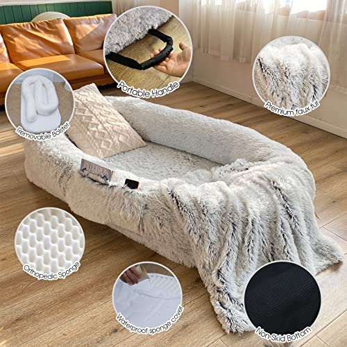 YAEM Human Dog Bed, 71"x45"x12" Dog Beds for Humans Size Fits You and Pets, Washable Faux Fur Human Dog Bed for People Doze Off, Napping Orthopedic Dog Bed, Present Plump Pillow, Blanket, Strap-Grey