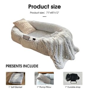 YAEM Human Dog Bed, 71"x45"x12" Dog Beds for Humans Size Fits You and Pets, Washable Faux Fur Human Dog Bed for People Doze Off, Napping Orthopedic Dog Bed, Present Plump Pillow, Blanket, Strap-Grey