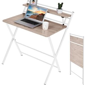 wdminyy folding desk for small space computer 2 tier foldable table with shelf,metal frame,wood top laptop table for home office study desk workstation,kids desk,no assembly needed,31.5" x 19.7"