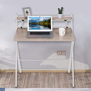 Wdminyy Folding Desk for Small Space Computer 2 Tier Foldable Table with Shelf,Metal Frame,Wood Top Laptop Table for Home Office Study Desk Workstation,Kids Desk,No Assembly Needed,31.5" x 19.7"