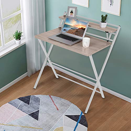 Wdminyy Folding Desk for Small Space Computer 2 Tier Foldable Table with Shelf,Metal Frame,Wood Top Laptop Table for Home Office Study Desk Workstation,Kids Desk,No Assembly Needed,31.5" x 19.7"