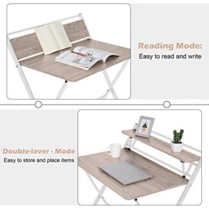 Wdminyy Folding Desk for Small Space Computer 2 Tier Foldable Table with Shelf,Metal Frame,Wood Top Laptop Table for Home Office Study Desk Workstation,Kids Desk,No Assembly Needed,31.5" x 19.7"