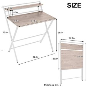 Wdminyy Folding Desk for Small Space Computer 2 Tier Foldable Table with Shelf,Metal Frame,Wood Top Laptop Table for Home Office Study Desk Workstation,Kids Desk,No Assembly Needed,31.5" x 19.7"