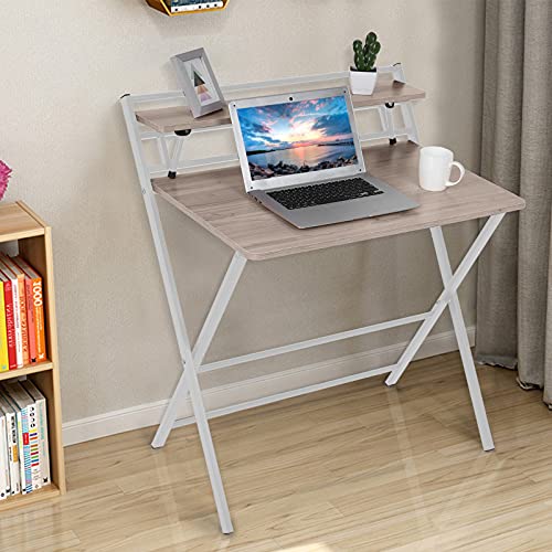 Wdminyy Folding Desk for Small Space Computer 2 Tier Foldable Table with Shelf,Metal Frame,Wood Top Laptop Table for Home Office Study Desk Workstation,Kids Desk,No Assembly Needed,31.5" x 19.7"