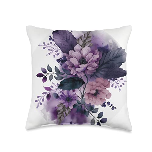 Purple Flowery Watercolor For Women & Girls Co Purple Lavender Blossom Leaves Flowers Floral Girly Throw Pillow, 16x16, Multicolor