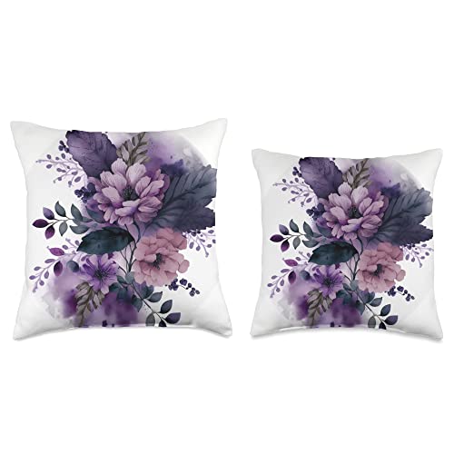 Purple Flowery Watercolor For Women & Girls Co Purple Lavender Blossom Leaves Flowers Floral Girly Throw Pillow, 16x16, Multicolor