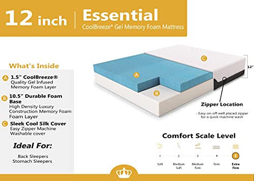 DynastyMattress Essential 12 Inch King Size Cooling Gel Memory Foam Mattress Bed Extra Firm