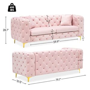 DAMAIFROM 79 Inch Sofa Couch Modern Velour Upholstered Couch Contemporary Tufted Velvet Casual Sofa High Arm and Metal Gold Legs Decor with 2 Piilows Big Comfy Couch Sofas for Living Room(Pink)