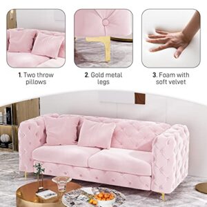 DAMAIFROM 79 Inch Sofa Couch Modern Velour Upholstered Couch Contemporary Tufted Velvet Casual Sofa High Arm and Metal Gold Legs Decor with 2 Piilows Big Comfy Couch Sofas for Living Room(Pink)