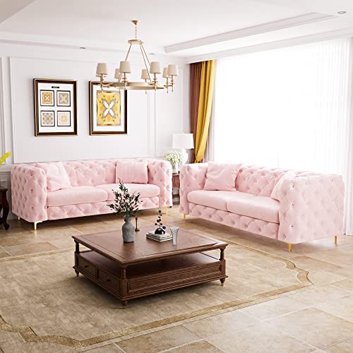 DAMAIFROM 79 Inch Sofa Couch Modern Velour Upholstered Couch Contemporary Tufted Velvet Casual Sofa High Arm and Metal Gold Legs Decor with 2 Piilows Big Comfy Couch Sofas for Living Room(Pink)