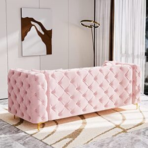 DAMAIFROM 79 Inch Sofa Couch Modern Velour Upholstered Couch Contemporary Tufted Velvet Casual Sofa High Arm and Metal Gold Legs Decor with 2 Piilows Big Comfy Couch Sofas for Living Room(Pink)