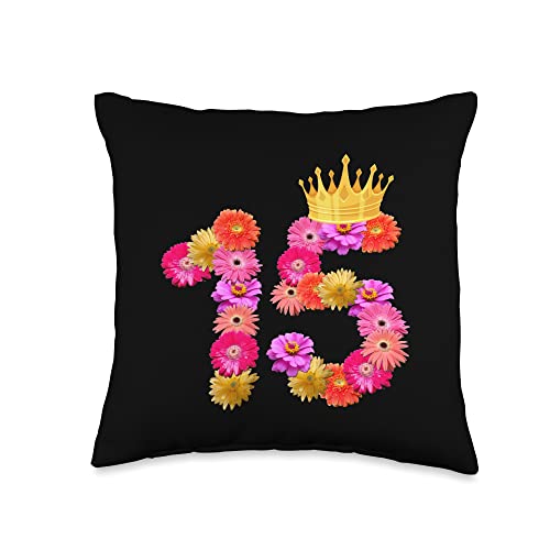 15 Year Old Gifts For Girls 15th Birthday Gifts 15 Year Old Girls Flower Crown Its My 15th Birthday Throw Pillow, 16x16, Multicolor