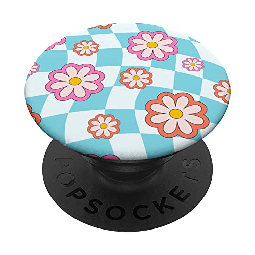 Retro Groovy Flower Hippie Daisy 60s Turquoise Checker PopSockets Swappable PopGrip