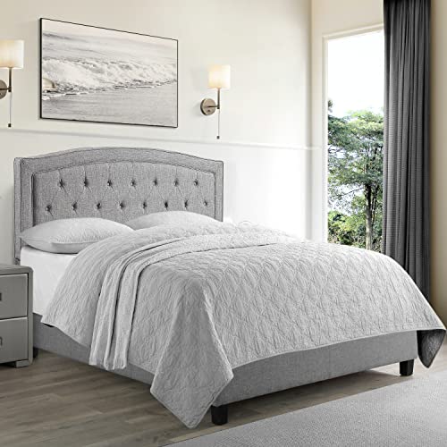 Rosevera Layla Panel Bed Frame with Adjustable Button-Tufted Headboard for Bedroom/Linen Upholstered/Wood Slat Support/Easy Assembly,Twin,Linen Gray