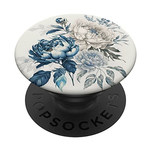 Navy Blue Peonies Blossom Leaves White Flowers Floral Girly PopSockets Swappable PopGrip