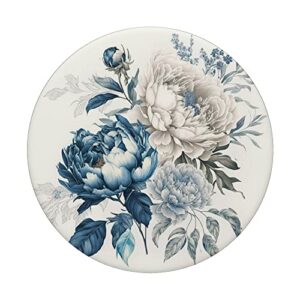 Navy Blue Peonies Blossom Leaves White Flowers Floral Girly PopSockets Swappable PopGrip