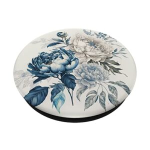 Navy Blue Peonies Blossom Leaves White Flowers Floral Girly PopSockets Swappable PopGrip