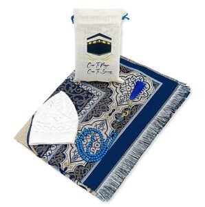 eserra muslim prayer rug, 99 prayer beads and prayer cap included, prayer mats muslim for praying men, women, and kids, prayer set, prayer rugs islam (blue)