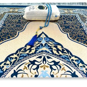 ESERRA Muslim Prayer Rug, 99 Prayer Beads and Prayer Cap Included, Prayer Mats Muslim for Praying Men, Women, and Kids, Prayer Set, Prayer Rugs Islam (Blue)