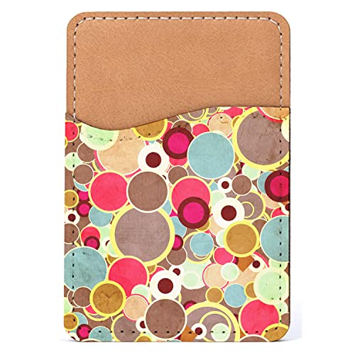 DistinctInk Adhesive Phone Wallet / Card Holder – Universal Vegan Leather Credit Card ID Adhesive Sleeve, Travel Light with Essential Items - Brown Red Yellow Circles