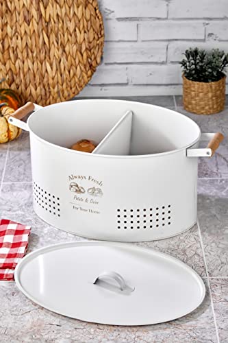 Potato Onion Metal Bin, Storage, Container - 2 Compartment Breathable Storage Container with Metal Lid (White 2)