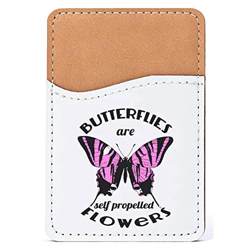 DistinctInk Adhesive Phone Wallet / Card Holder – Universal Vegan Leather Credit Card ID Adhesive Sleeve, Travel Light with Essential Items - Butterflies are Self Propelled Flowers