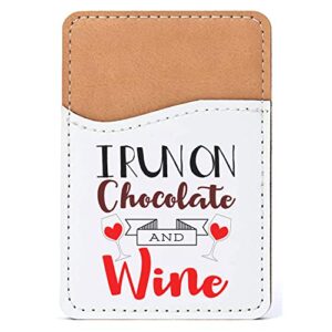 DistinctInk Adhesive Phone Wallet / Card Holder – Universal Vegan Leather Credit Card ID Adhesive Sleeve, Travel Light with Essential Items - I Run on Chocolate and Wine