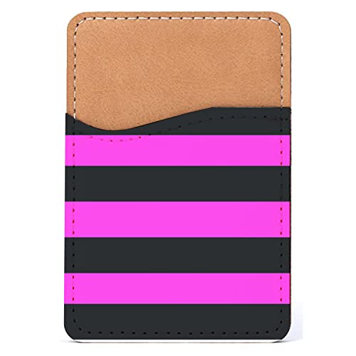 DistinctInk Adhesive Phone Wallet / Card Holder – Universal Vegan Leather Credit Card ID Adhesive Sleeve, Travel Light with Essential Items - Black & Pink Bold Horizontal Stripes