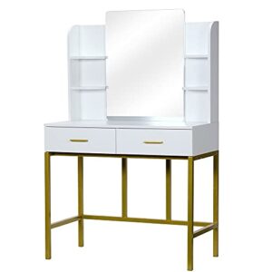 IRDFWH 90 x 45 x 78-143.5Dressers Dressing Table FCH Desktop with Shelf 2 Drawers with Stool Steel Frame Dressing Table White