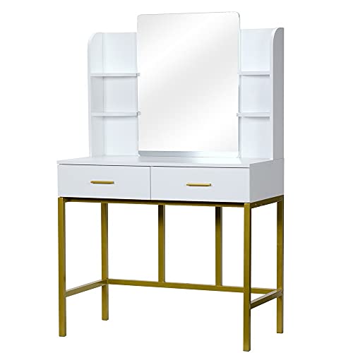 IRDFWH 90 x 45 x 78-143.5Dressers Dressing Table FCH Desktop with Shelf 2 Drawers with Stool Steel Frame Dressing Table White