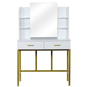 IRDFWH 90 x 45 x 78-143.5Dressers Dressing Table FCH Desktop with Shelf 2 Drawers with Stool Steel Frame Dressing Table White