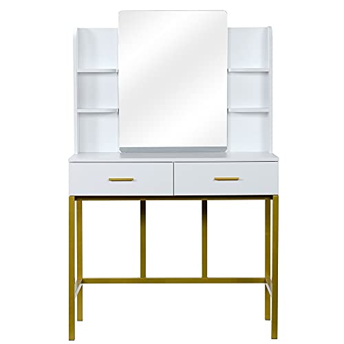 IRDFWH 90 x 45 x 78-143.5Dressers Dressing Table FCH Desktop with Shelf 2 Drawers with Stool Steel Frame Dressing Table White