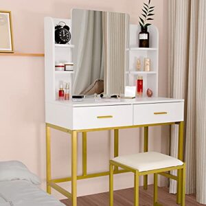 IRDFWH 90 x 45 x 78-143.5Dressers Dressing Table FCH Desktop with Shelf 2 Drawers with Stool Steel Frame Dressing Table White