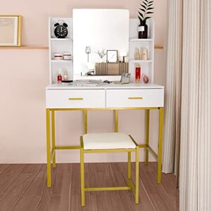 IRDFWH 90 x 45 x 78-143.5Dressers Dressing Table FCH Desktop with Shelf 2 Drawers with Stool Steel Frame Dressing Table White