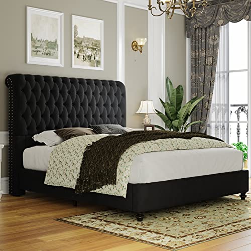 PaPaJet Bed Frame King Size Velvet Upholstered Sleigh Bed Platform with Deep Button Tufted Rolled Edge Headboard, Wood Slats Support/No Box Spring Needed/Black