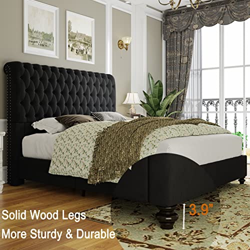 PaPaJet Bed Frame King Size Velvet Upholstered Sleigh Bed Platform with Deep Button Tufted Rolled Edge Headboard, Wood Slats Support/No Box Spring Needed/Black