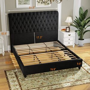 PaPaJet Bed Frame King Size Velvet Upholstered Sleigh Bed Platform with Deep Button Tufted Rolled Edge Headboard, Wood Slats Support/No Box Spring Needed/Black